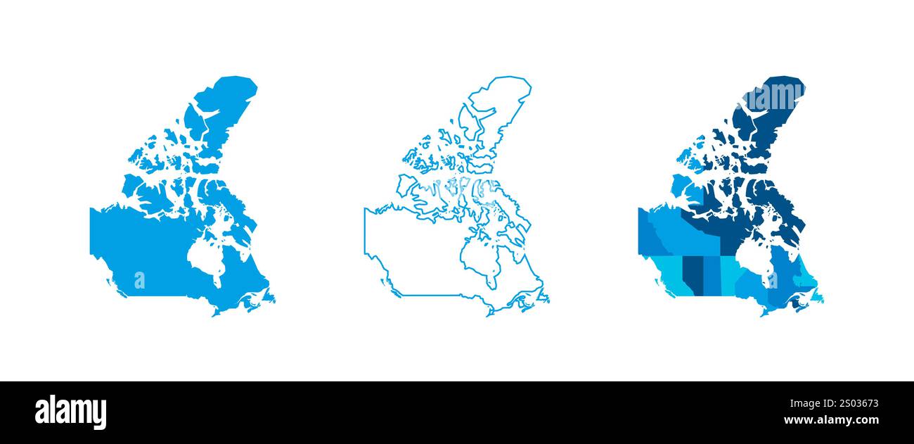 Canada set of three maps - solid map, outline map and map highlighting ...