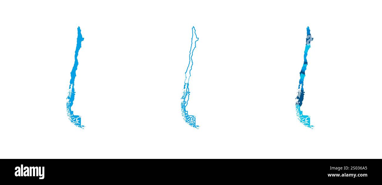 Chile set of three maps - solid map, outline map and map highlighting administrative divisions ...