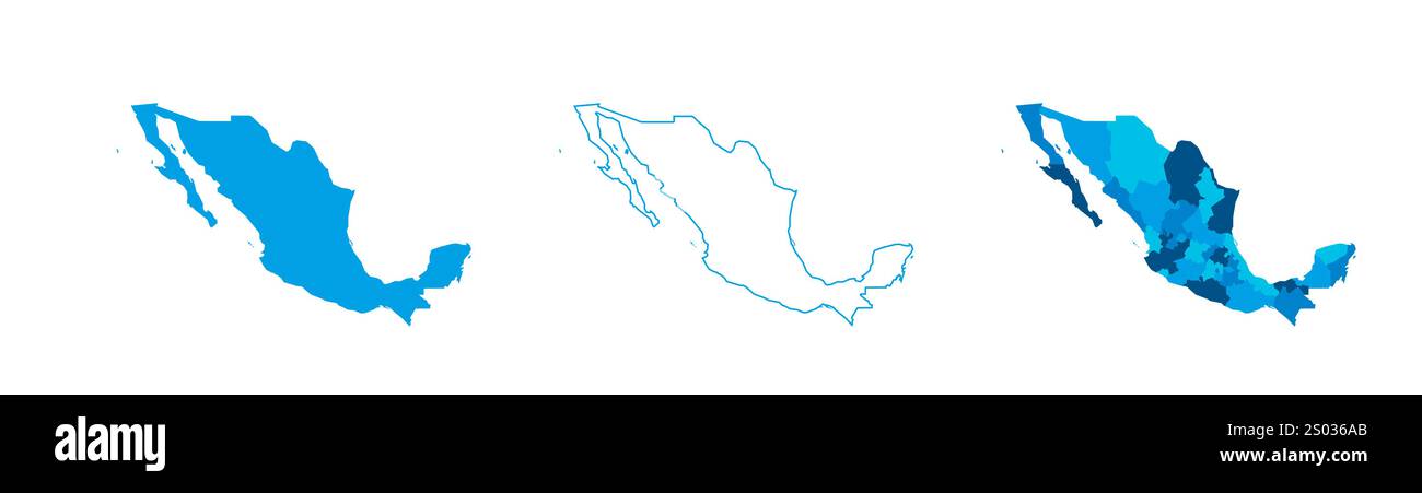 Mexico set of three maps - solid map, outline map and map highlighting ...