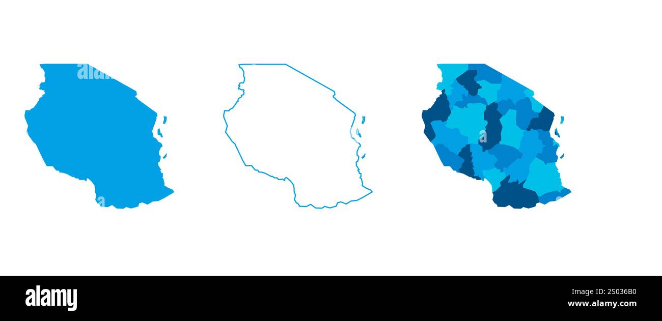 Tanzania set of three maps - solid map, outline map and map highlighting administrative ...