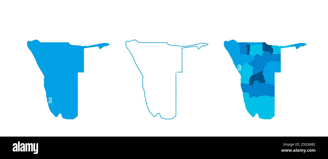 Namibia set of three maps - solid map, outline map and map highlighting administrative divisions ...