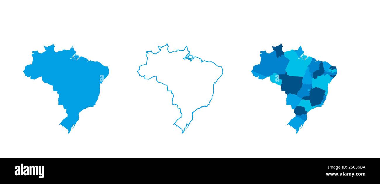 Brazil set of three maps - solid map, outline map and map highlighting ...