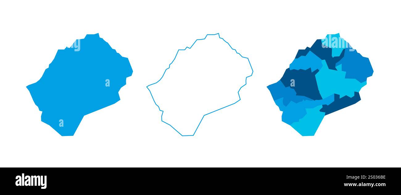 Lesotho set of three maps - solid map, outline map and map highlighting administrative divisions ...