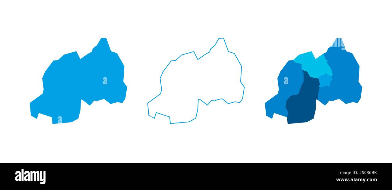 Rwanda set of three maps - solid map, outline map and map highlighting administrative divisions ...