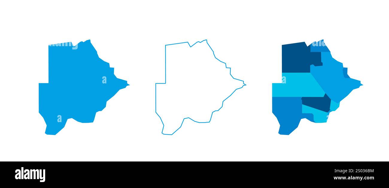 Botswana set of three maps - solid map, outline map and map highlighting administrative ...