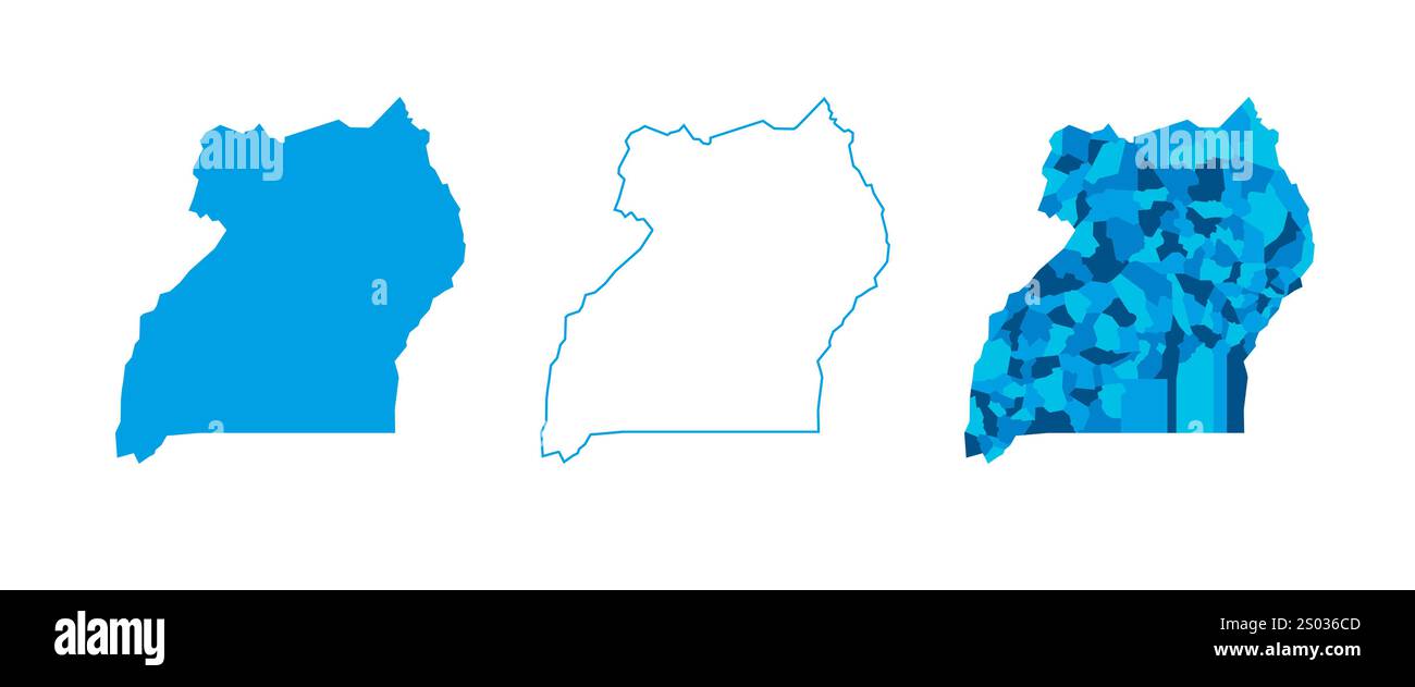Uganda set of three maps - solid map, outline map and map highlighting administrative divisions ...