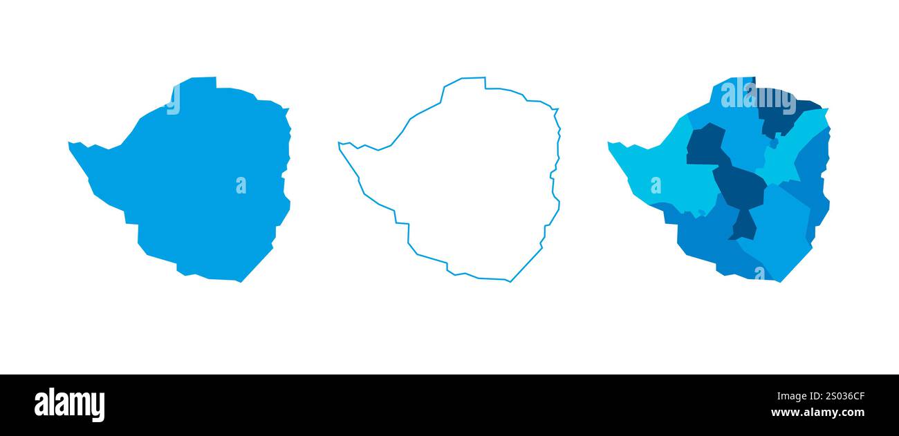 Zimbabwe set of three maps - solid map, outline map and map highlighting administrative ...