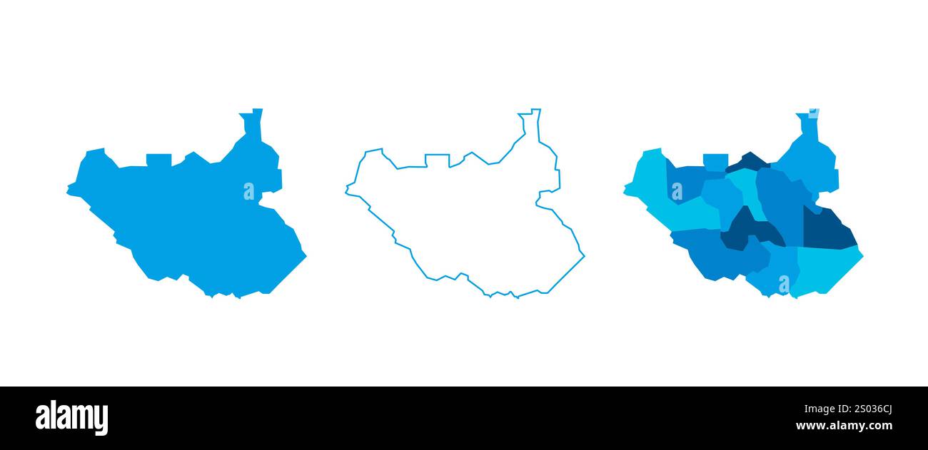 South Sudan set of three maps - solid map, outline map and map highlighting administrative ...