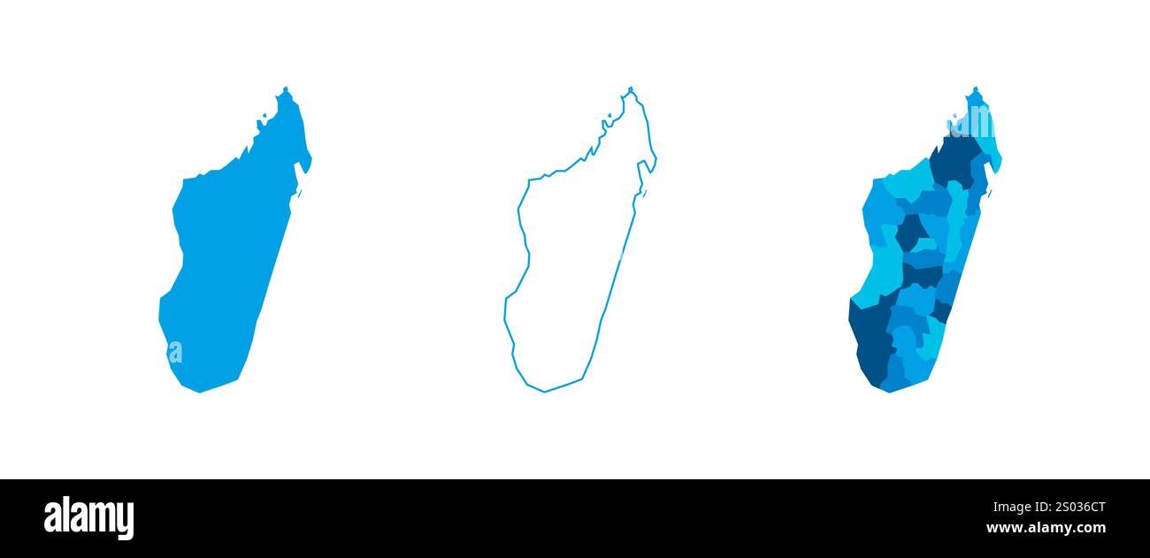 Madagascar set of three maps - solid map, outline map and map highlighting administrative ...