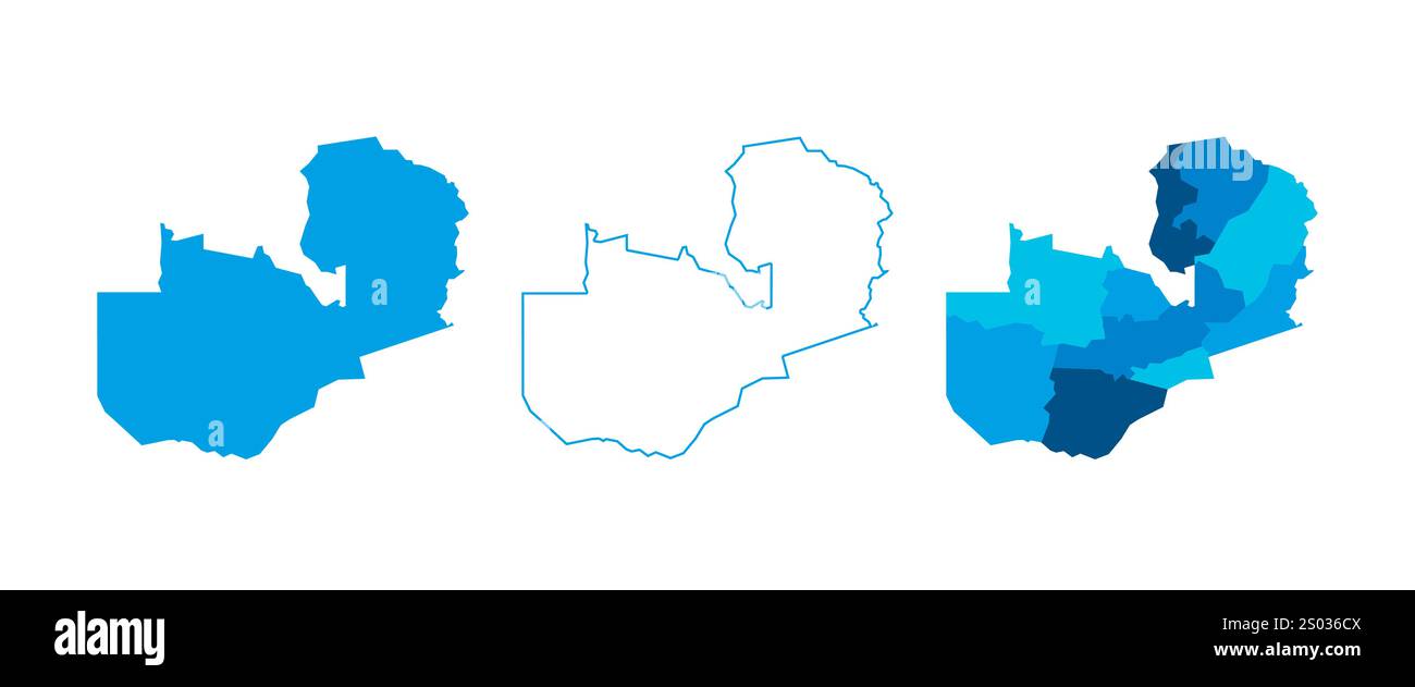 Zambia set of three maps - solid map, outline map and map highlighting administrative divisions ...
