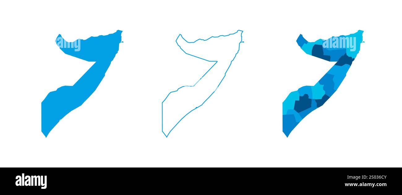 Somalia set of three maps - solid map, outline map and map highlighting administrative divisions ...
