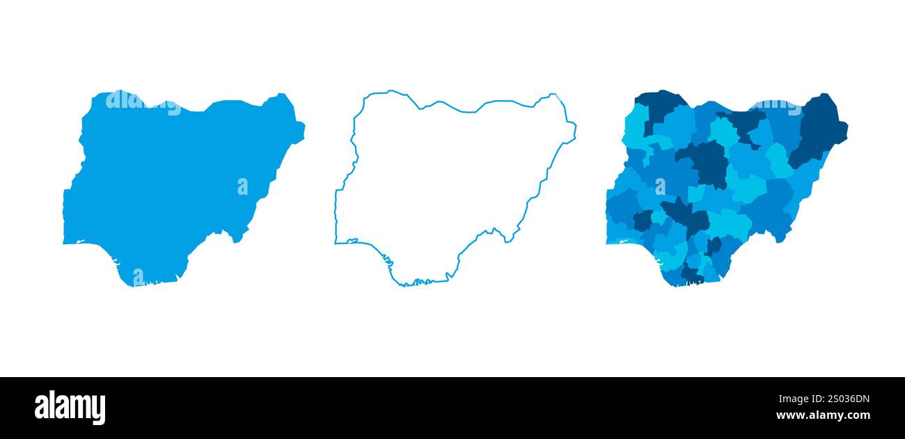 Nigeria set of three maps - solid map, outline map and map highlighting administrative divisions ...