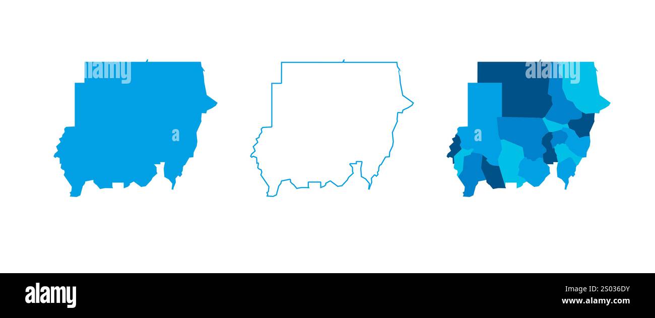 Sudan set of three maps - solid map, outline map and map highlighting administrative divisions ...