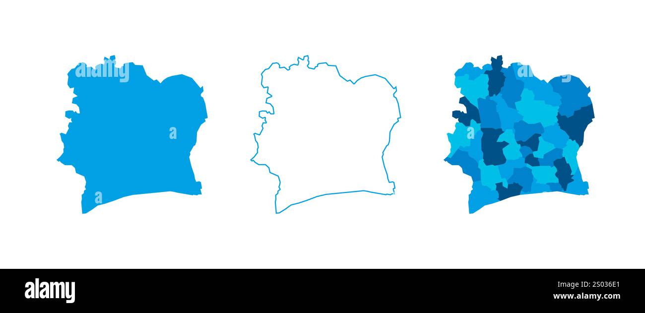 Ivory Coast set of three maps - solid map, outline map and map highlighting administrative ...