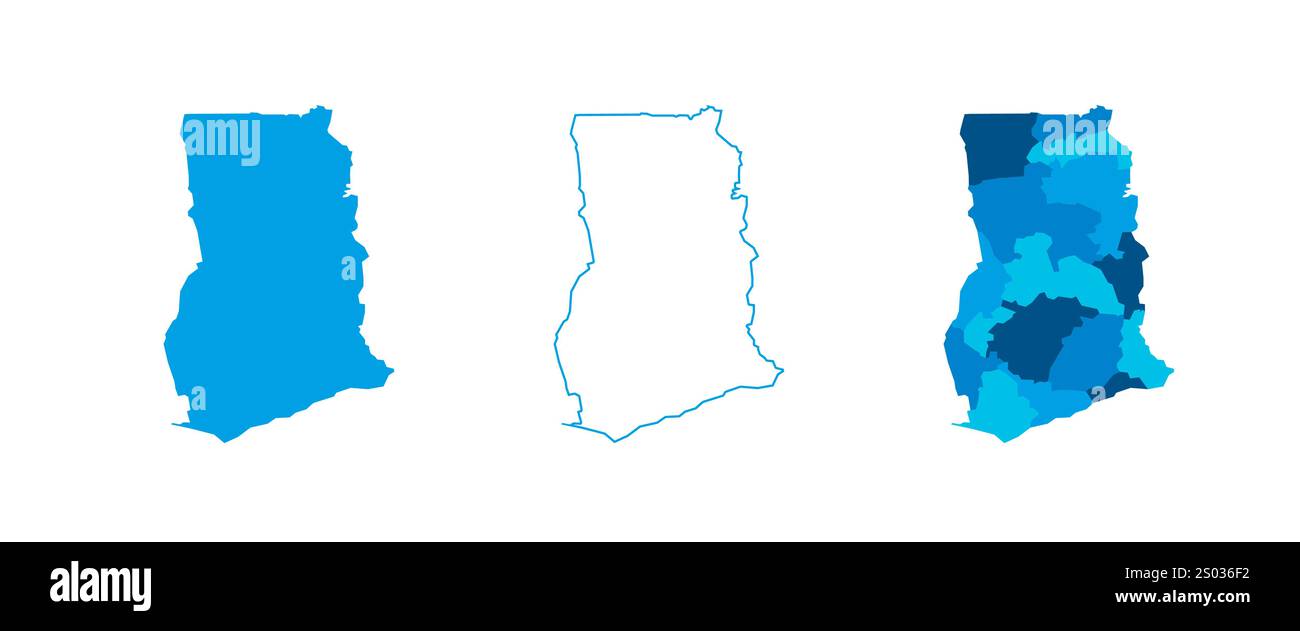 Ghana set of three maps - solid map, outline map and map highlighting administrative divisions ...
