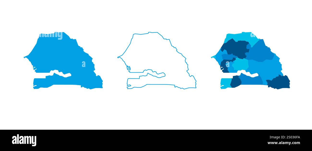 Senegal set of three maps - solid map, outline map and map highlighting administrative divisions ...