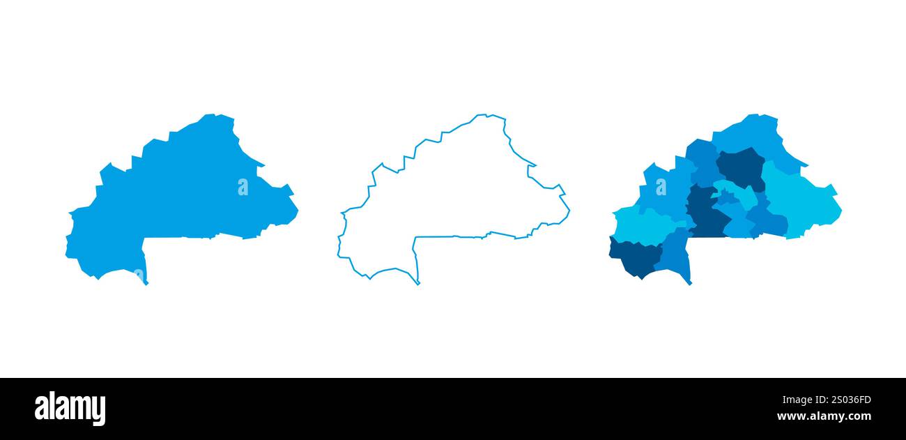 Burkina Faso set of three maps - solid map, outline map and map highlighting administrative ...