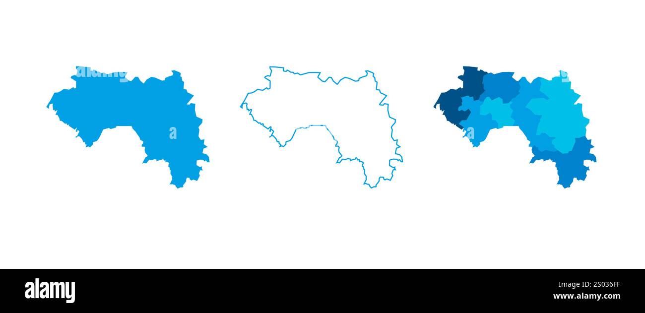 Guinea set of three maps - solid map, outline map and map highlighting administrative divisions ...