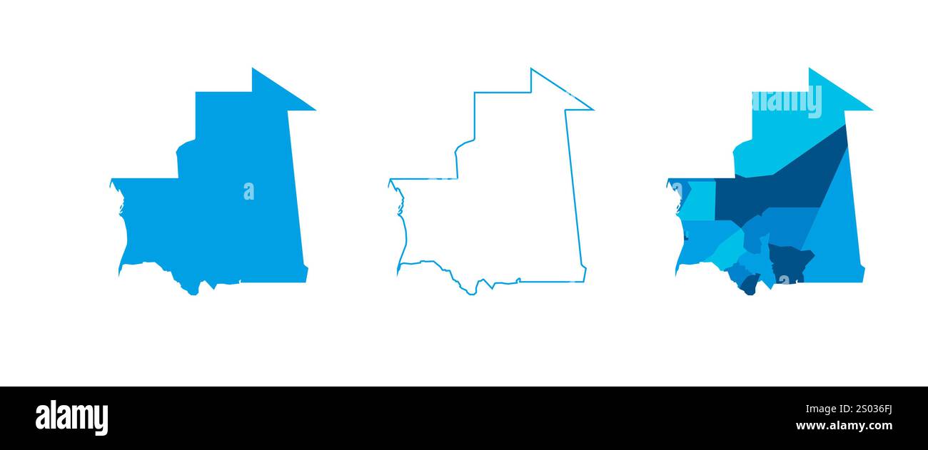 Mauritania set of three maps - solid map, outline map and map highlighting administrative ...