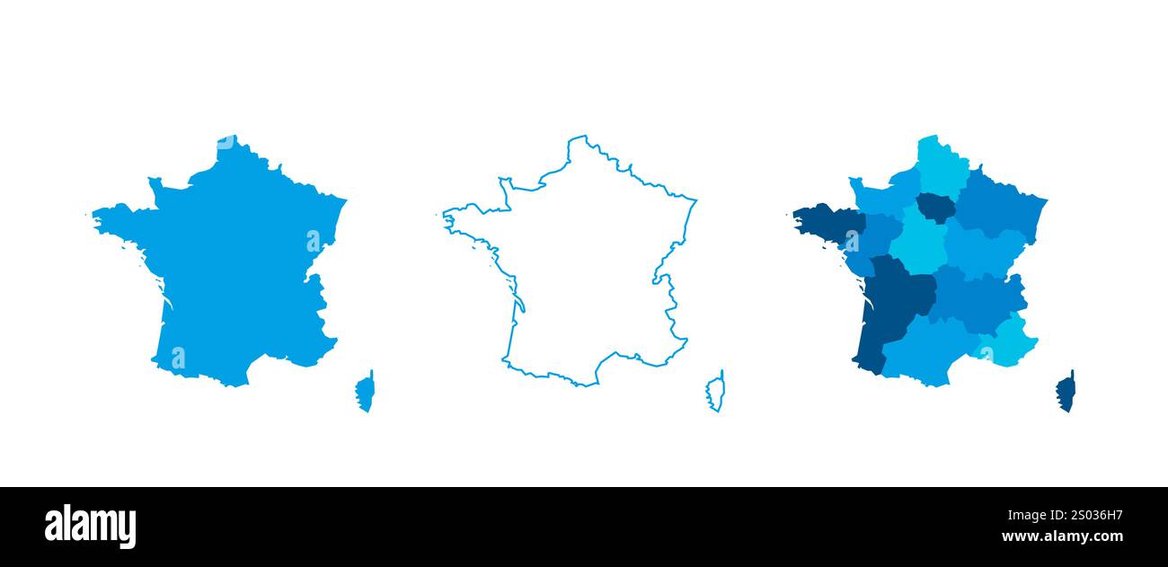 France set of three maps - solid map, outline map and map highlighting ...