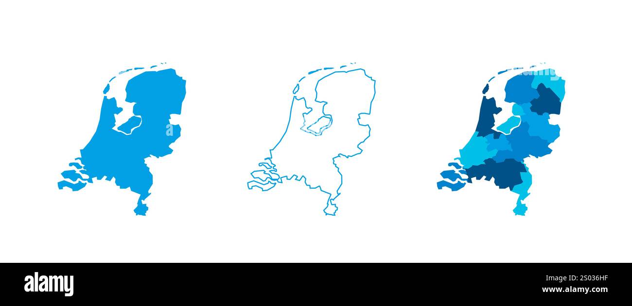 Netherlands set of three maps - solid map, outline map and map highlighting administrative ...