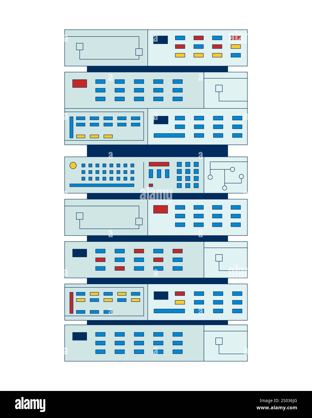 Vertical data server rack with panels and buttons 2D cartoon object ...