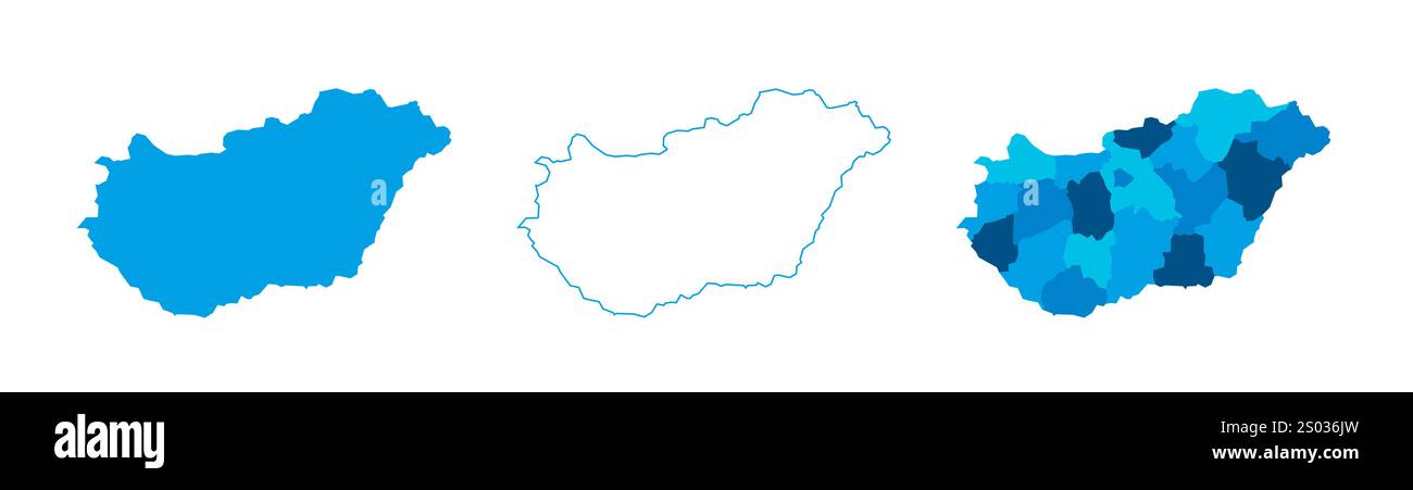 Hungary set of three maps - solid map, outline map and map highlighting ...