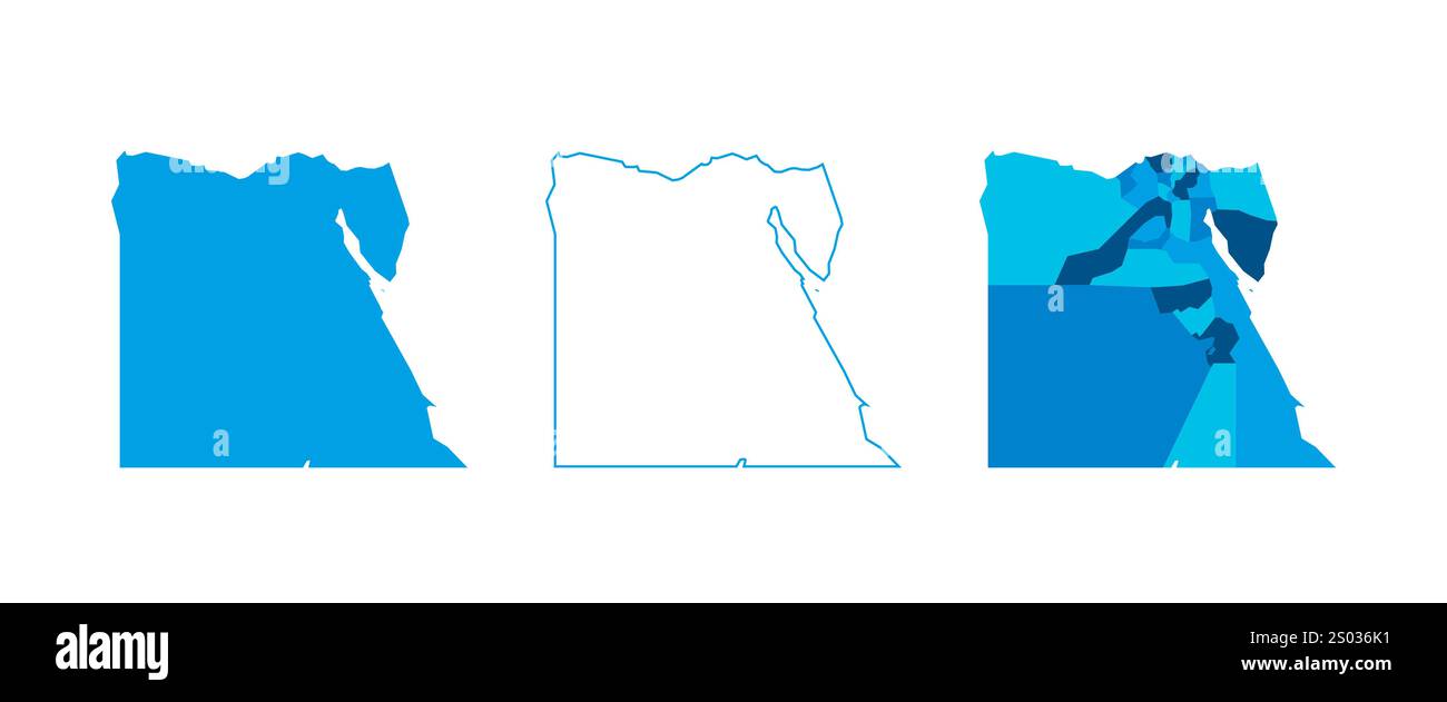 Egypt set of three maps - solid map, outline map and map highlighting administrative divisions ...