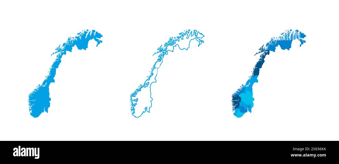 Norway set of three maps - solid map, outline map and map highlighting ...
