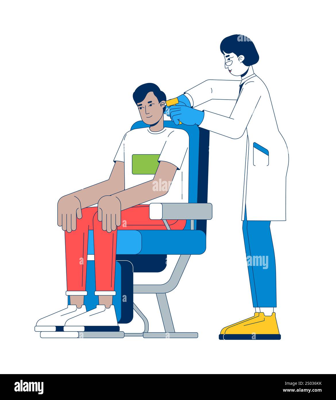 Seated male patient undergoing ear examination by doctor 2D cartoon ...
