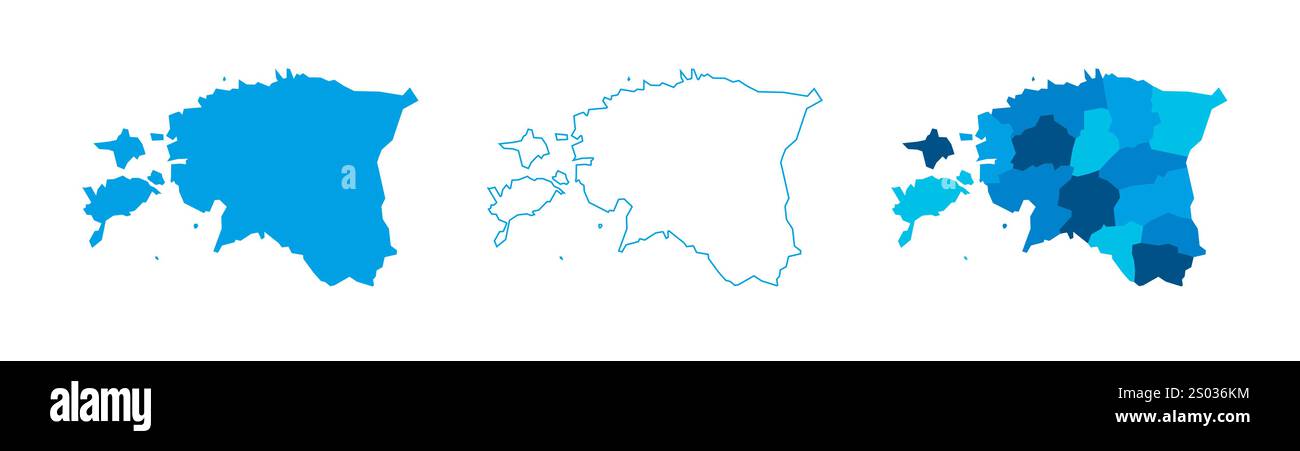 Estonia set of three maps - solid map, outline map and map highlighting administrative divisions ...