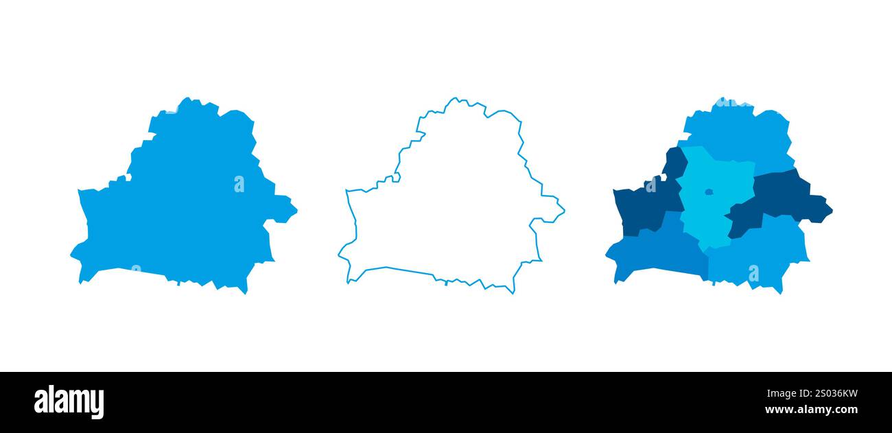 Belarus set of three maps - solid map, outline map and map highlighting administrative divisions ...