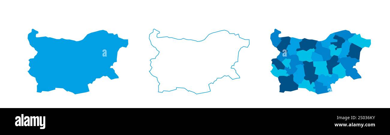 Bulgaria set of three maps - solid map, outline map and map highlighting administrative ...