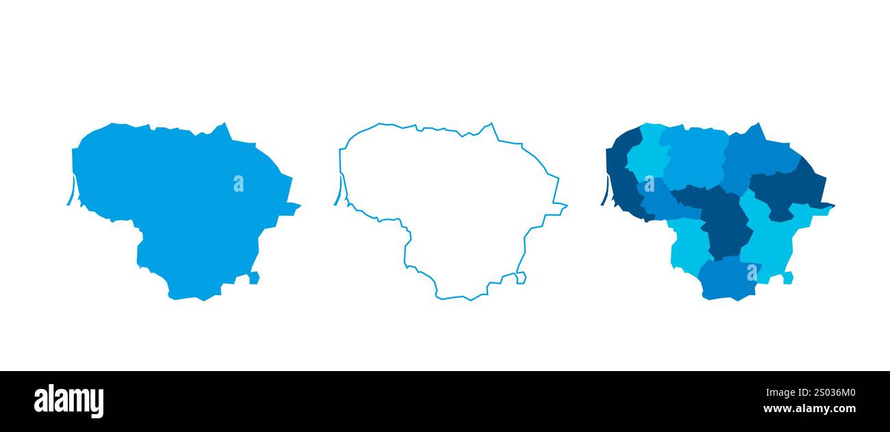 Lithuania set of three maps - solid map, outline map and map highlighting administrative ...