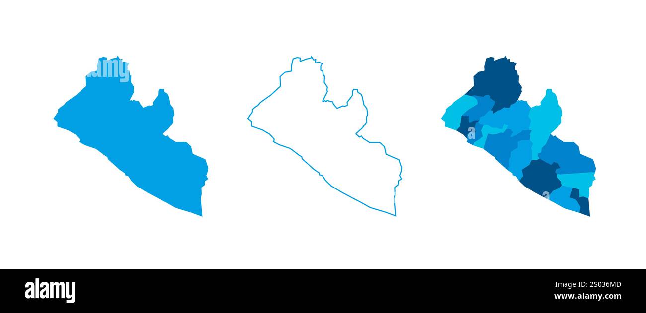 Liberia set of three maps - solid map, outline map and map highlighting administrative divisions ...