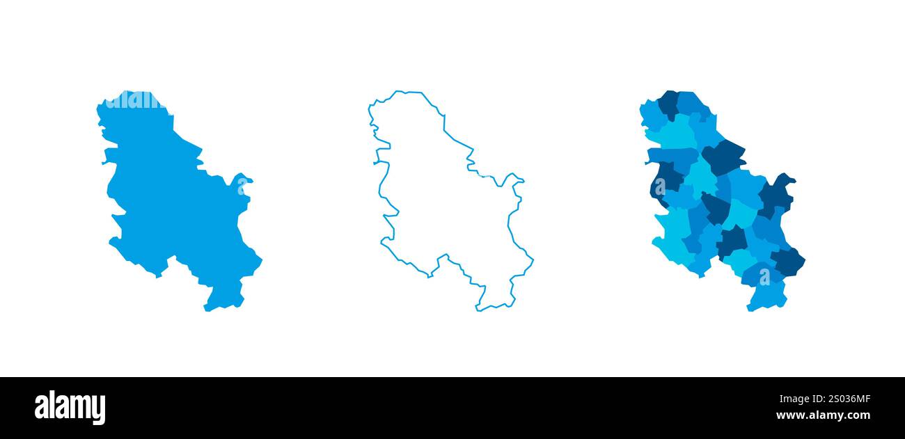 Serbia set of three maps - solid map, outline map and map highlighting administrative divisions ...