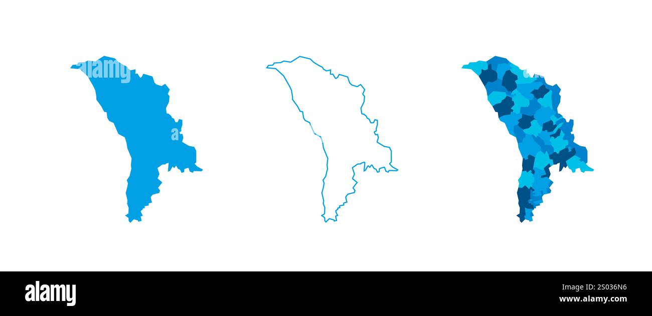 Moldova set of three maps - solid map, outline map and map highlighting administrative divisions ...