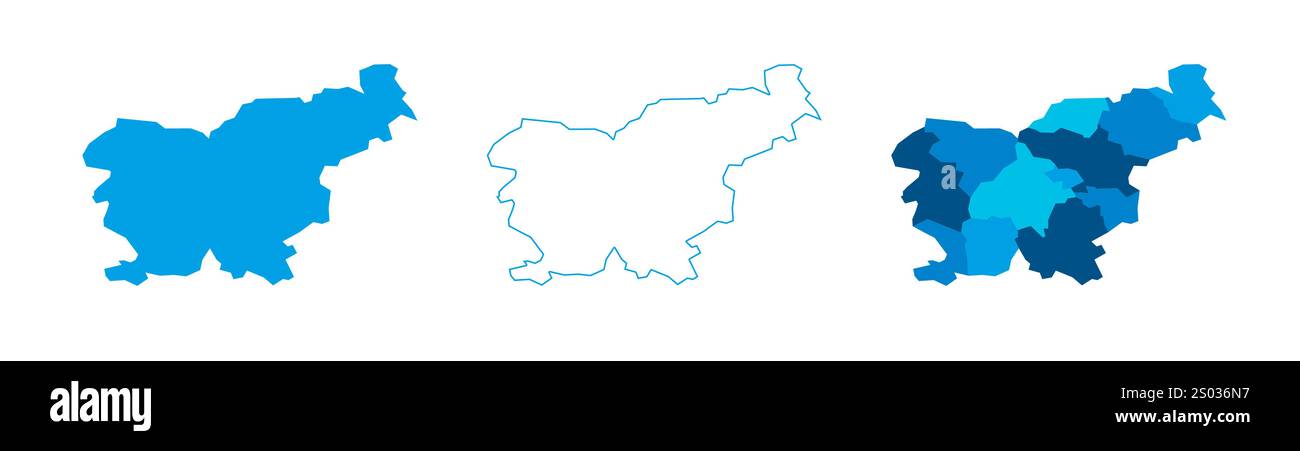 Slovenia set of three maps - solid map, outline map and map highlighting administrative ...