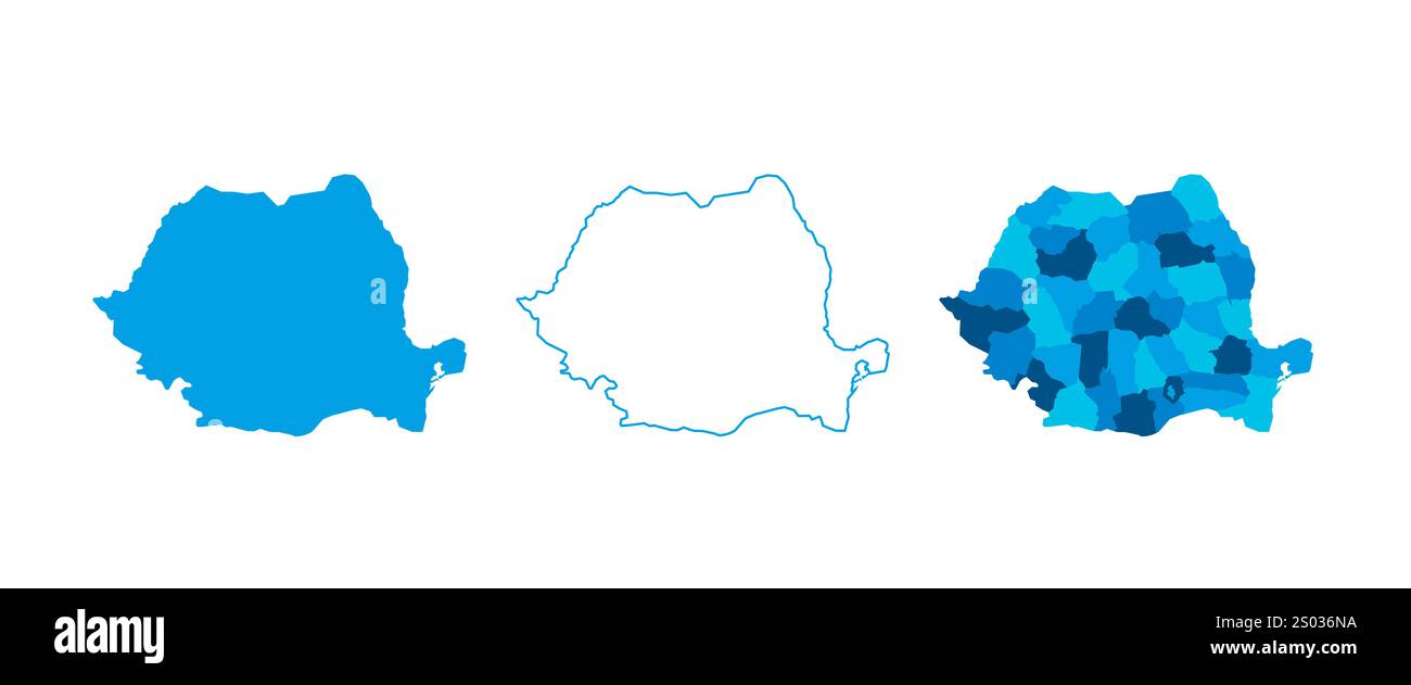Romania set of three maps - solid map, outline map and map highlighting administrative divisions ...