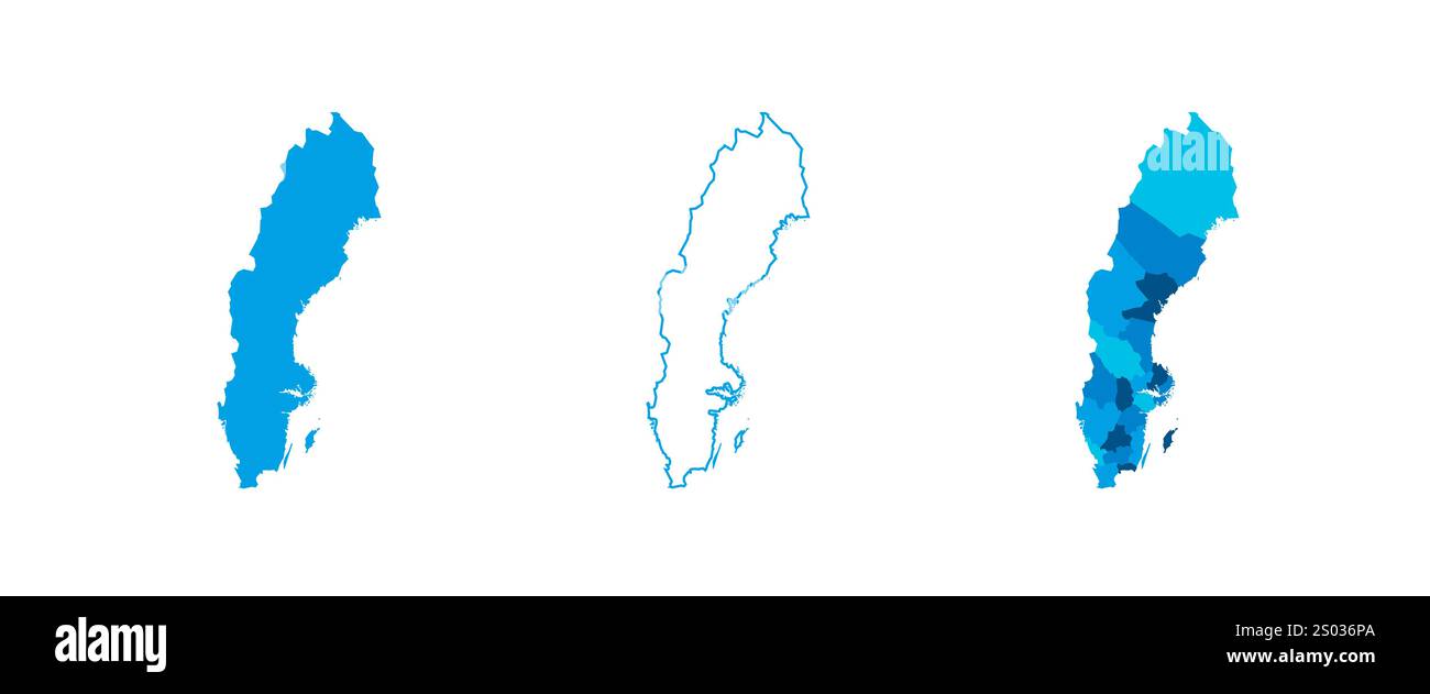 Sweden set of three maps - solid map, outline map and map highlighting ...