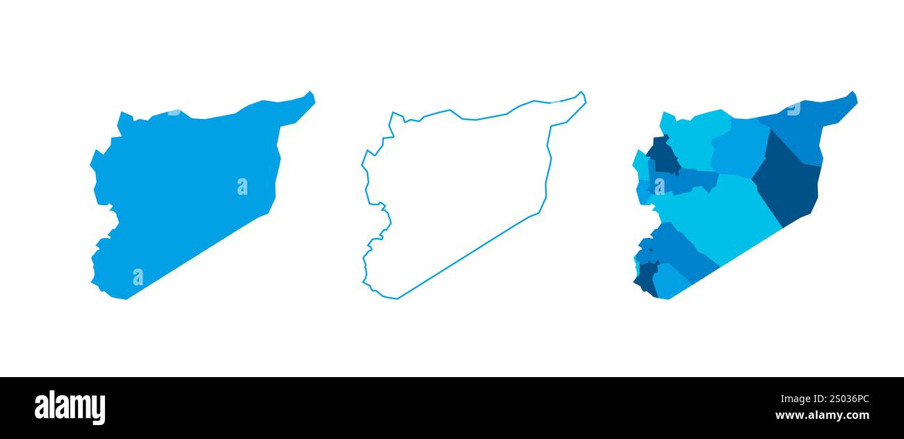 Syria set of three maps - solid map, outline map and map highlighting administrative divisions ...