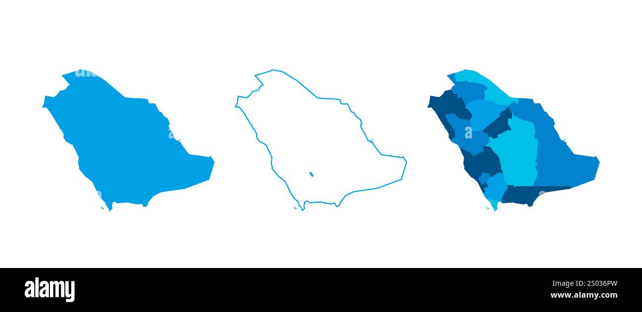 Saudi Arabia set of three maps - solid map, outline map and map highlighting administrative ...