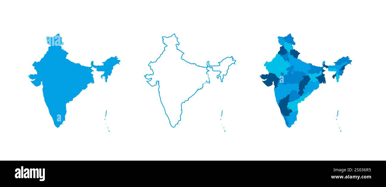 India set of three maps - solid map, outline map and map highlighting ...
