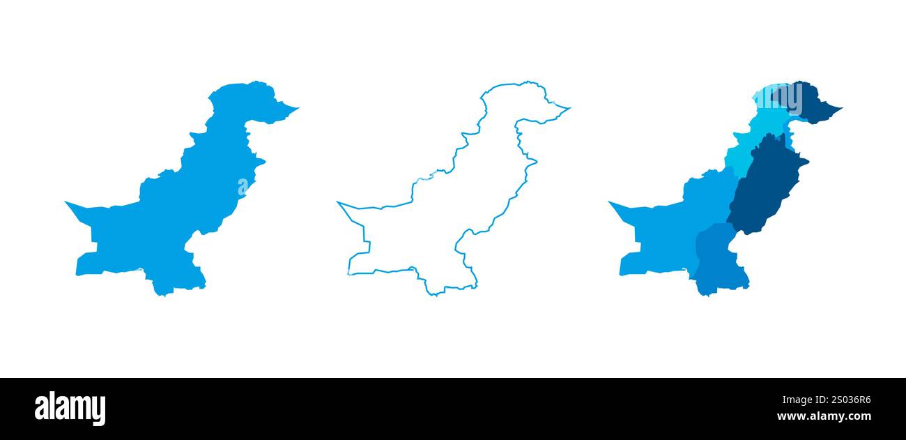 Pakistan set of three maps - solid map, outline map and map highlighting administrative ...