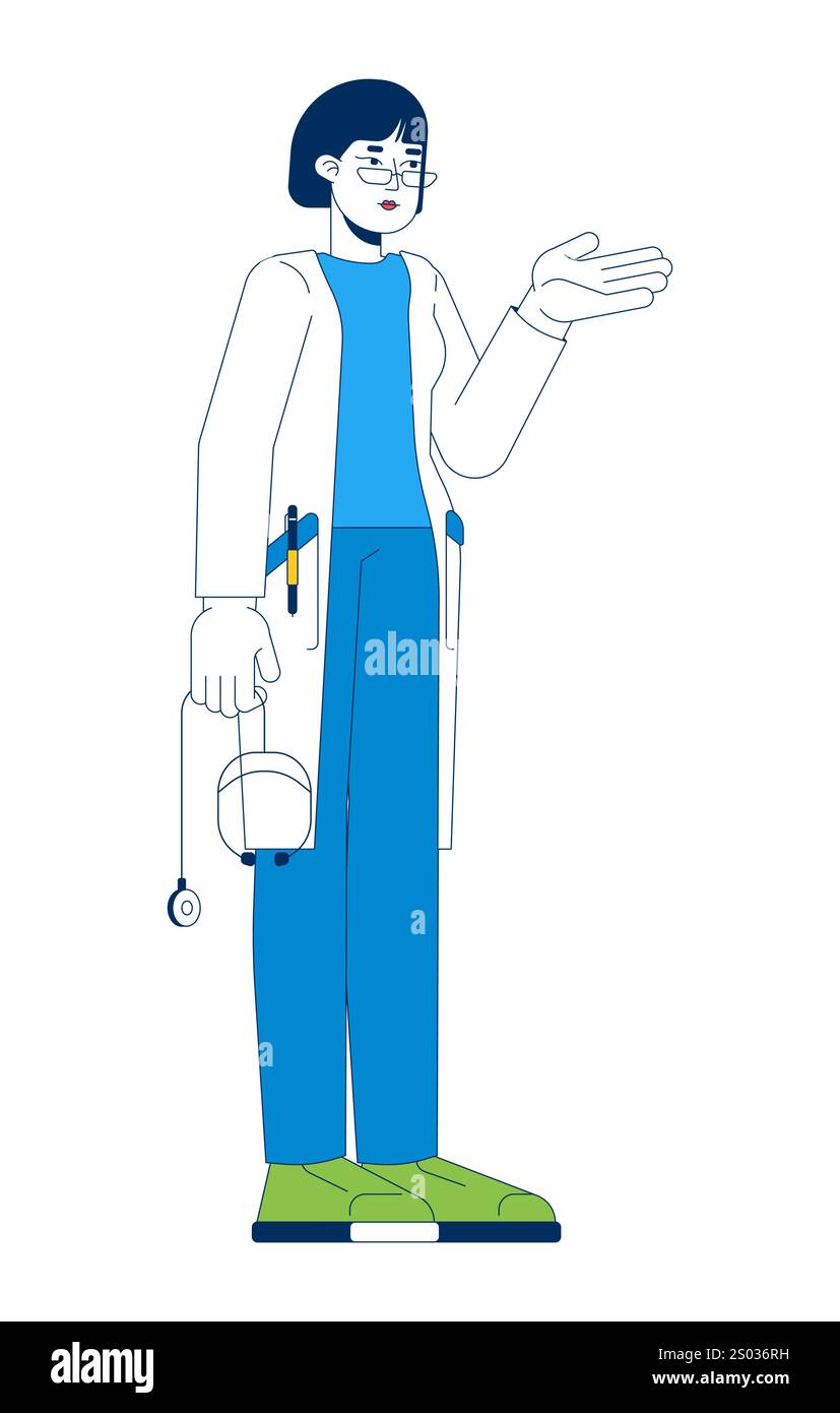Asian female doctor in white coat gesturing, holding stethoscope 2D ...
