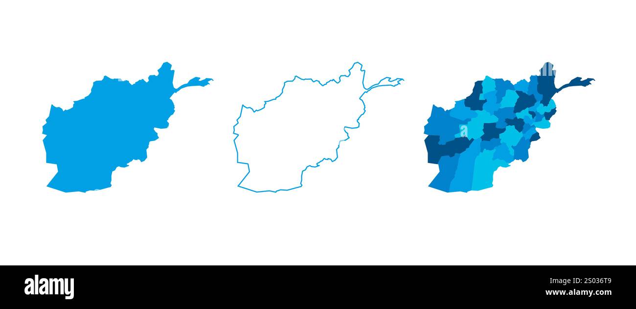 Afghanistan set of three maps - solid map, outline map and map highlighting administrative ...