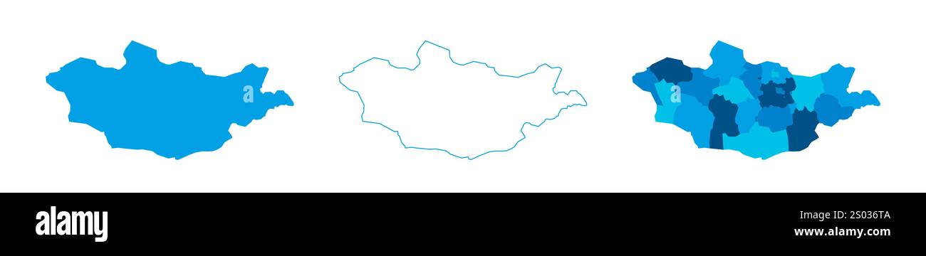 Mongolia set of three maps - solid map, outline map and map highlighting administrative ...