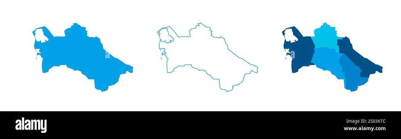 Turkmenistan set of three maps - solid map, outline map and map highlighting administrative ...