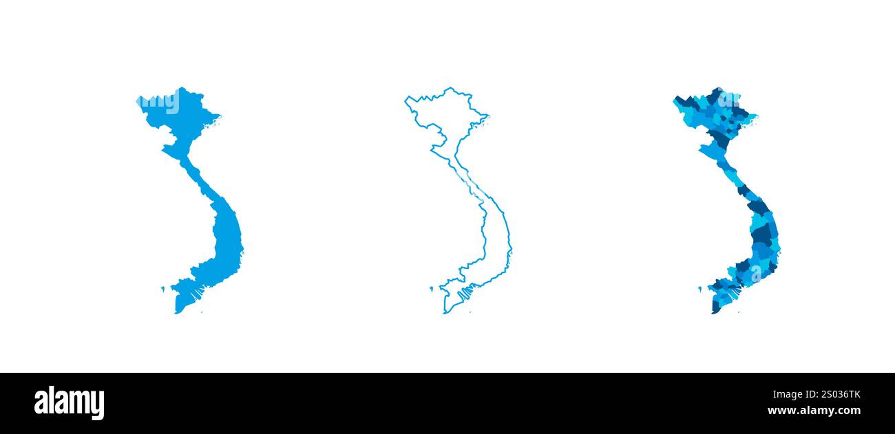 Vietnam set of three maps - solid map, outline map and map highlighting ...