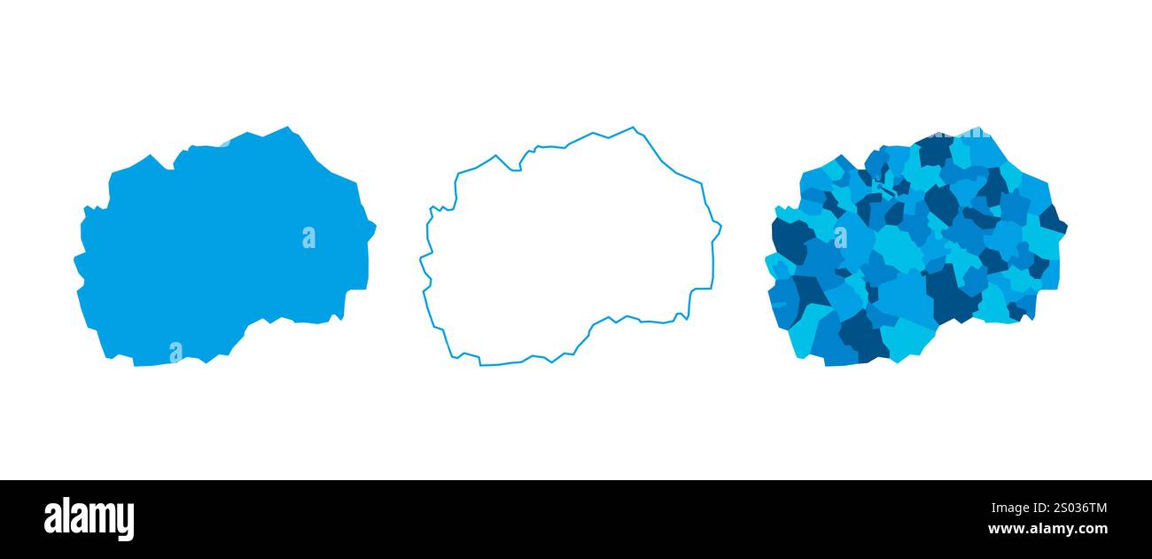 North Macedonia set of three maps - solid map, outline map and map highlighting administrative ...